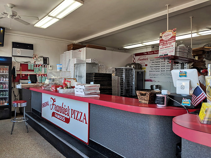 The counter at Frankie's&mdash;where pizza dreams come true and diet plans go to die. Simplicity never goes out of style.