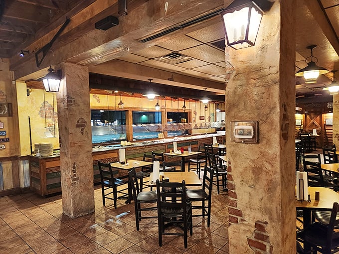 Sturdy pillars and rustic lighting create the perfect backdrop for serious eating. This isn't ambiance &ndash; it's permission to focus on what matters.