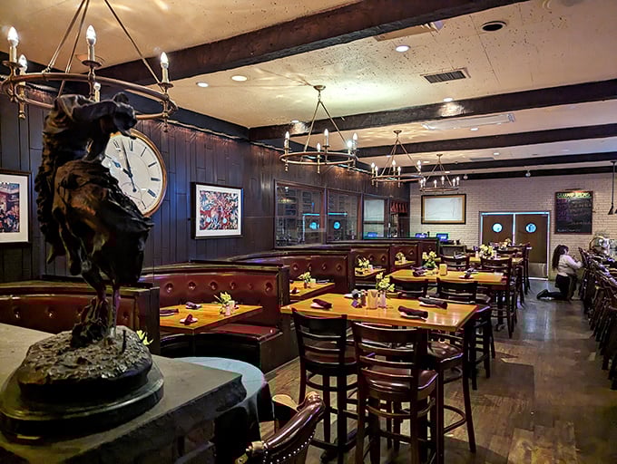 Dark wood, vintage charm, and burgundy curtains&mdash;The Stockyard's dining area feels like stepping into a time when dinner was an event, not just a meal.