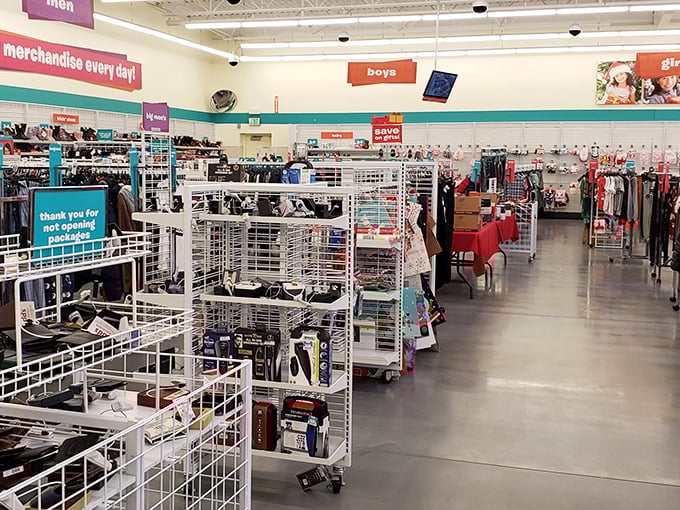 Inside awaits a treasure hunter's paradise where racks of clothing stretch like a fabric forest, promising discoveries at every turn.