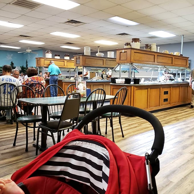 The buffet setup at Marvin's is where the magic happens. Notice the wooden serving stations &ndash; they've witnessed countless "just one more plate" promises.