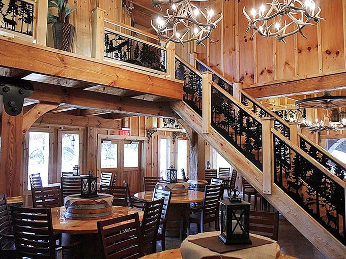 Soaring wooden beams and antler chandeliers create the ultimate carnivore's cathedral, where steak pilgrims come to worship at the altar of beef.