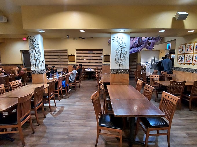 Wooden tables, comfortable seating, and subtle Japanese design elements create an atmosphere that says "stay awhile" &ndash; your stretchy pants will thank you.