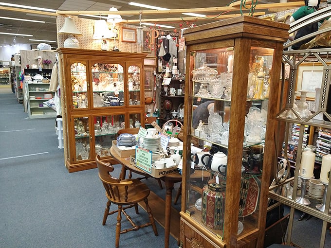 Glass cabinets protecting yesterday's treasures &ndash; where your grandmother's china set might be waiting for a family reunion.