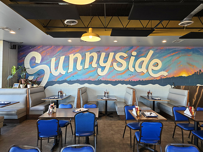 The vibrant mural isn't just wall decor—it's a promise that at Sunnyside, your day will indeed be brighter than when you walked in.