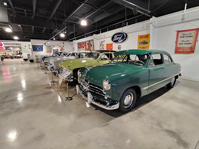 History on display: Gleaming Ford models line up like chrome-plated soldiers, telling America's automotive story through perfectly preserved machines that transport you back in time.