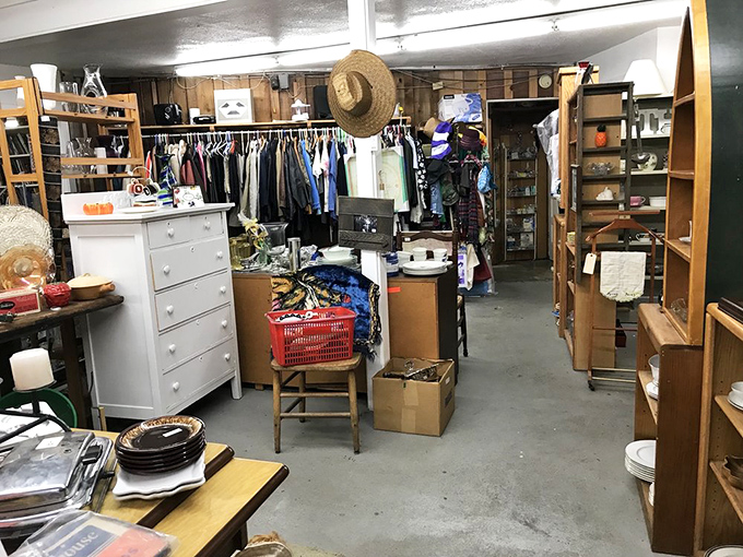Organized chaos at its finest&mdash;where vintage white dressers and clothing racks create narrow pathways that feel like secret passages to discovery.