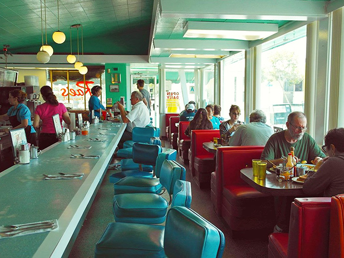Where spinning stools and Formica counters tell stories of Santa Monica mornings past. The diner symphony plays on &ndash; coffee pours, spatulas scrape, regulars chat.