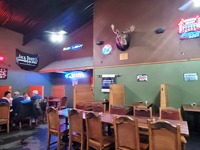 Mounted trophies and neon beer signs create that perfect "come as you are" atmosphere where both special occasions and Tuesday night dinners feel equally at home.