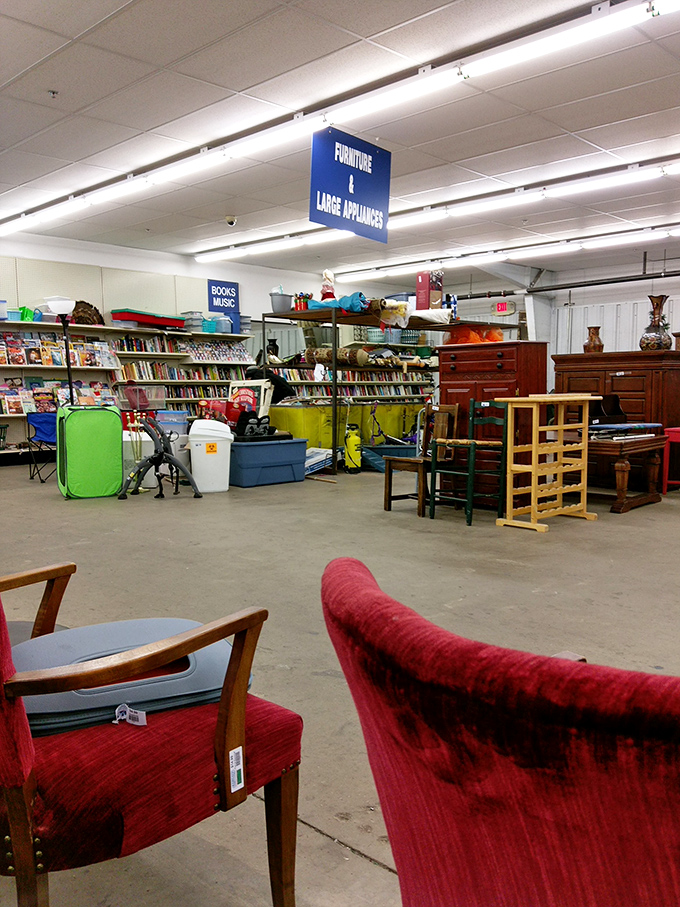 Organization meets possibility in this well-arranged wonderland. The blue "Furniture & Large Appliances" sign points the way to domestic transformation.