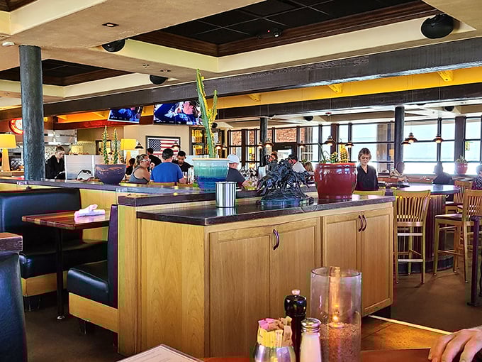 Inside, warm wood tones and an open layout create that rare alchemy of upscale comfort&mdash;like your fancy friend's lake house, but with better food.