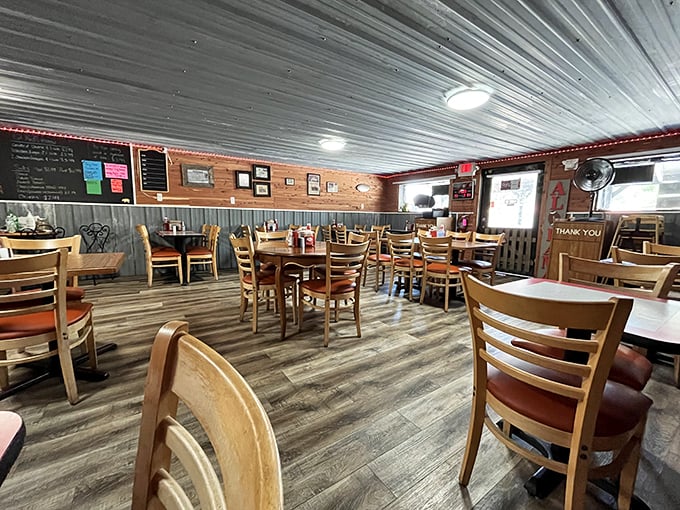 Inside, simplicity reigns supreme. No designer needed when your dining room smells this heavenly &ndash; those wooden chairs have heard a thousand "mmms" of approval.