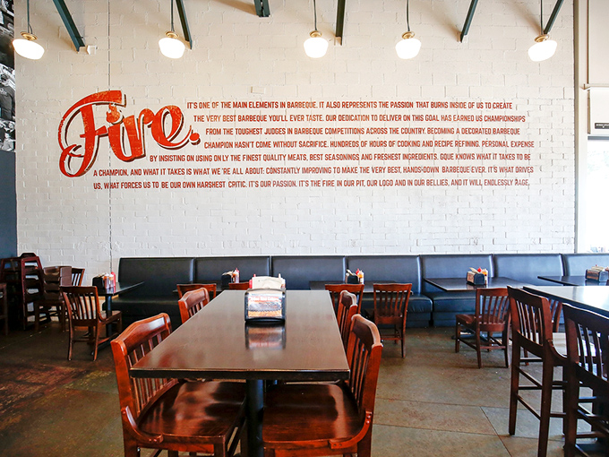 The "Fire" wall says it all &ndash; passion and flame combine to create barbecue worth crossing state lines for.
