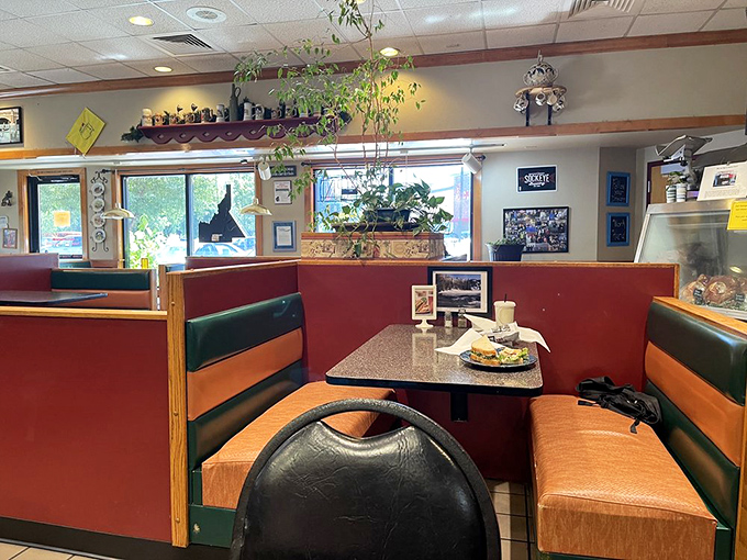Cozy booths invite lingering conversations while plants add life to this unpretentious temple of sandwich worship.