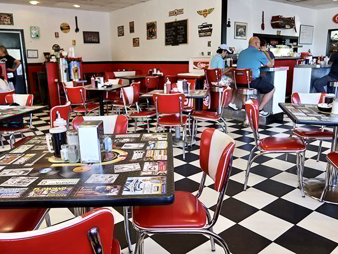 Classic black and white checks meet fire-engine red booths &ndash; a time capsule where calories don't count and conversations flow freely.