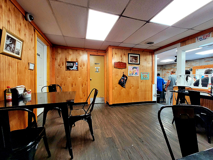 Wood-paneled walls adorned with Elvis memorabilia create the perfect time capsule atmosphere. The King would approve of these breakfast offerings.