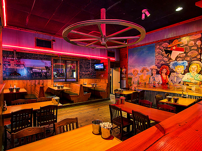 Wagon wheels overhead, neon glow, and cowboy murals&mdash;this isn't just dinner, it's a mini-vacation to the Lone Star State.
