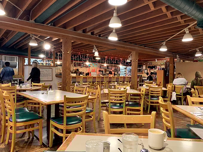 Exposed wooden beams and twinkling string lights create the perfect backdrop for what might be Washington's most epic breakfast experience.