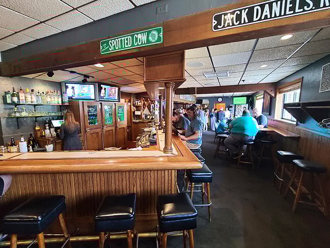 The bar area's "Spotted Cow" sign announces you've arrived in Wisconsin, where brandy flows and conversations grow warmer with each sip.