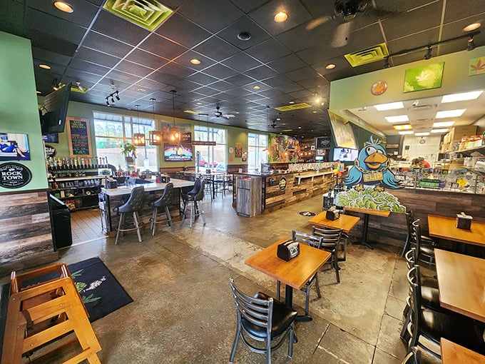 Inside, rustic wood meets playful decor, creating that perfect "I want to hang out here all day" vibe that great sandwich shops nail.