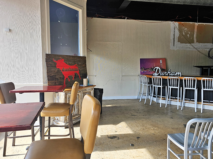 Durham pride on full display with that striking red bull silhouette &ndash; a reminder you're in Bull City even as your taste buds visit the coast.