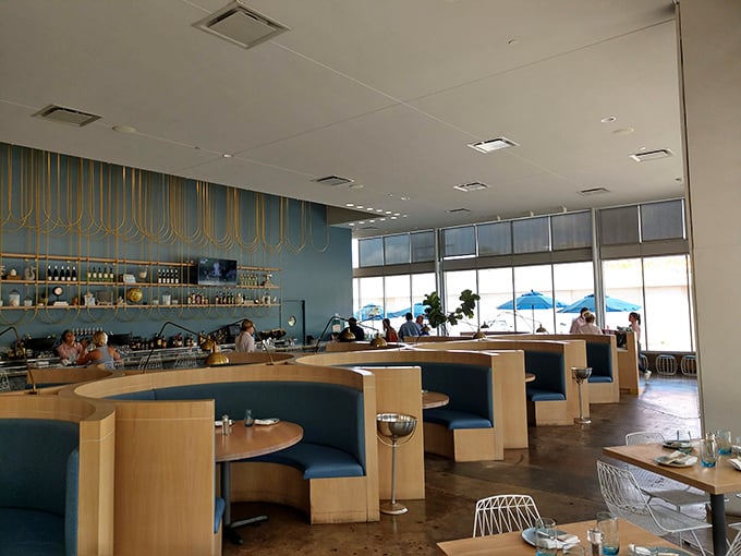 Curved blue booths invite lingering conversations while the golden accents and airy space create that rare alchemy of comfort and elegance.