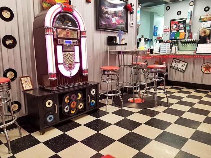 Where vinyl meets chrome meets nostalgia. That jukebox isn't just decoration&mdash;it's the beating heart of American diner culture.