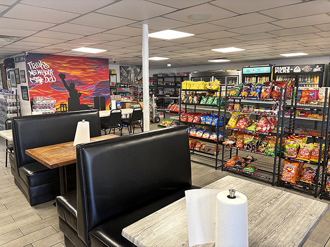 Inside Frank's, the New York deli spirit lives on in Arizona. That mural isn't just decoration&mdash;it's a promise of authentic flavors.