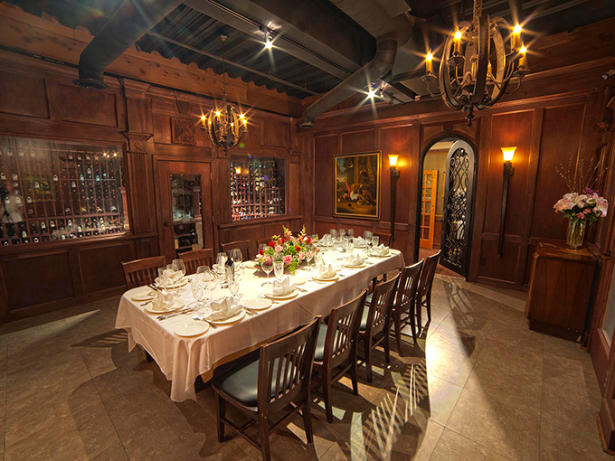 Wood-paneled walls and crystal chandeliers transport you to a bygone era. This private dining room whispers "special occasion" without saying a word.