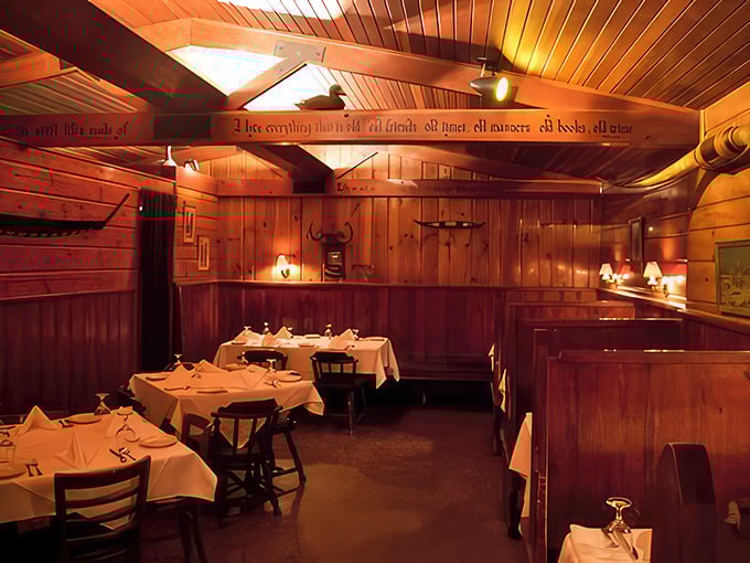 Warm wood paneling and soft lighting create the perfect atmosphere for serious steak contemplation. Decisions, decisions.