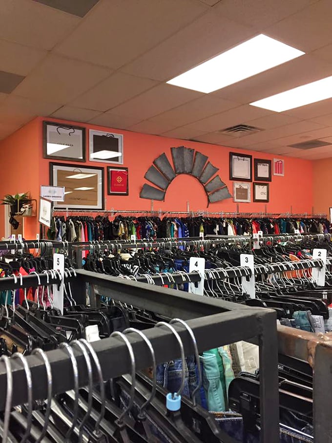 Organized chaos at its finest! The numbered racks and coral walls create a treasure map system that makes hunting for fashion gold surprisingly civilized.