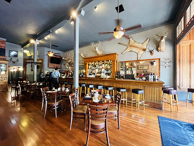Step inside and time travels backward &ndash; antler chandeliers, mounted trophies, and polished wood create the quintessential Western steakhouse atmosphere.