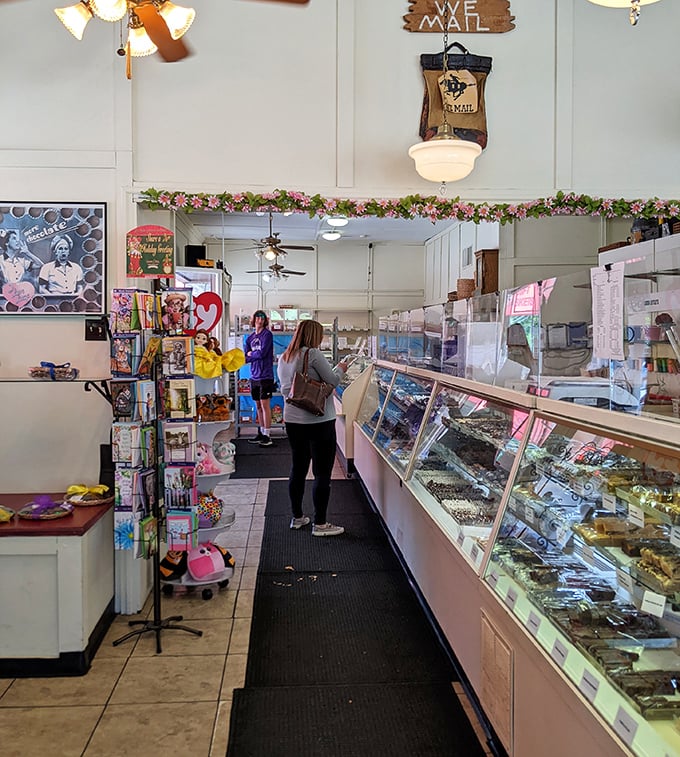 Gleaming display cases line the walls, a museum of confectionery art where customers contemplate life's sweetest decision: "Which chocolate deserves to come home with me?"