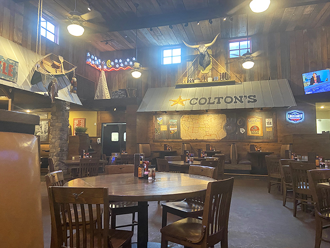 Inside, wooden beams and Western decor create the perfect backdrop for serious steak consumption. That longhorn isn't judging&mdash;he's jealous.