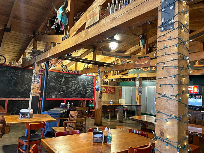 Inside, rough-hewn beams and twinkling lights create the perfect mountain hideaway atmosphere&mdash;like a barbecue speakeasy you've finally discovered.
