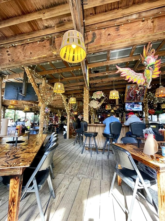 String lights and bamboo create a magical dining atmosphere that feels like you've stumbled into the world's tastiest treehouse.