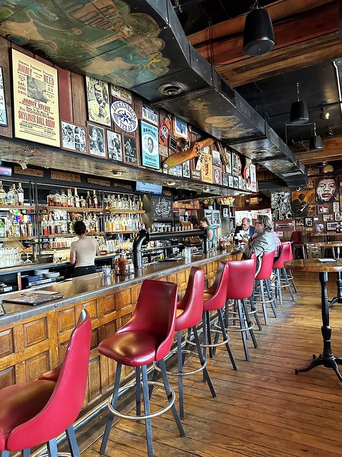 Where barbecue meets blues &ndash; the bar area's vintage concert posters and red vinyl stools create the perfect atmosphere for meat-induced euphoria.