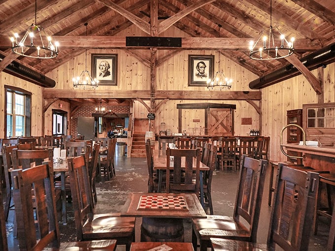 Cathedral ceilings and wooden beams create a sanctuary of smoke where checkerboard tables invite you to plot your next strategic barbecue move.