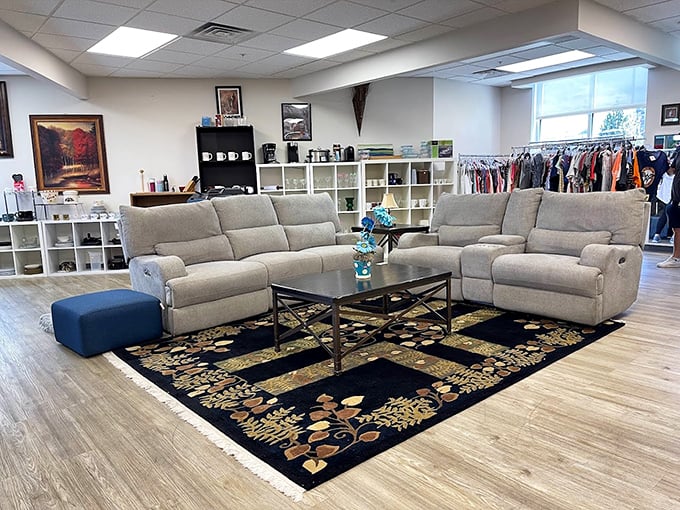 Not your grandmother's hand-me-downs! This pristine living room setup proves secondhand doesn't mean second-rate—just second chance at a fraction of retail.