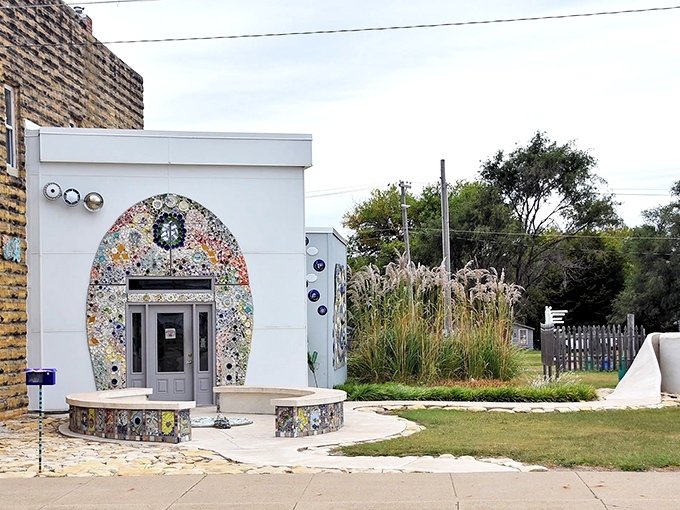 The Bowl Plaza restroom—possibly the only toilet in America worth driving hours to visit. Mosaic artistry transforms the mundane into the magical.