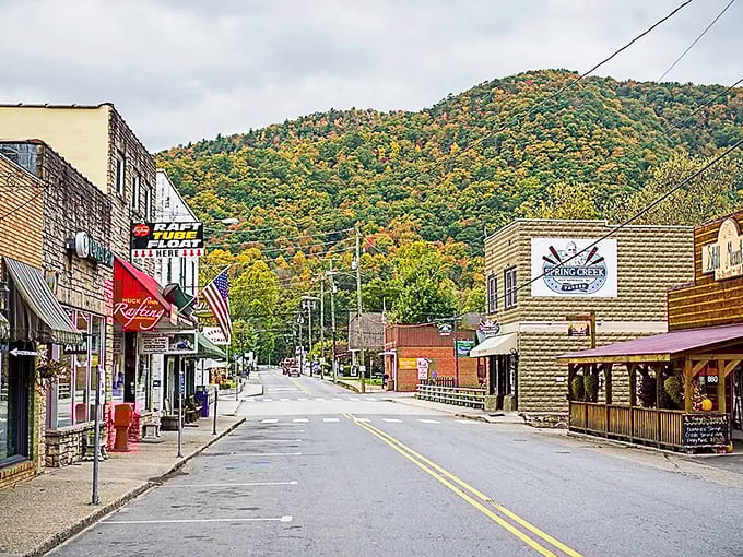 Fall foliage creates a perfect frame for Main Street, where the Appalachian Trail literally runs through downtown. Nature meets civilization in perfect harmony.