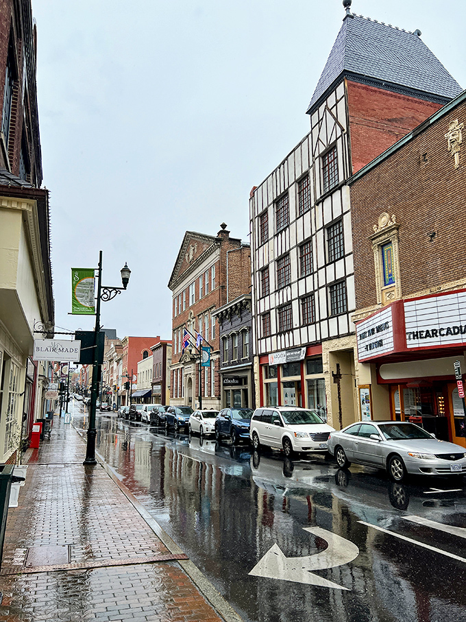Even on rainy days, Staunton's historic district shines with its distinctive architecture and the unmistakable half-timbered facade of the Blackfriars Playhouse.