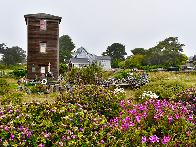 Where wildflowers and weathered wood towers coexist in perfect harmony&mdash;Mendocino's version of architectural feng shui.