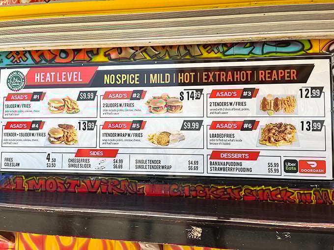 The heat scale ranges from "No Spice" for the cautious to "Reaper" for those who apparently want their taste buds to file for divorce.