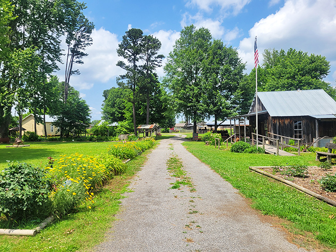 Pioneer Village's winding path invites you to step back in time, where wildflowers line the way to authentic 19th-century structures under Arkansas's impossibly blue skies.