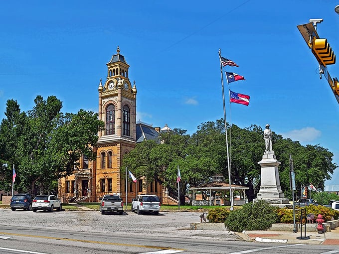 The Llano County Courthouse stands proudly as the town's crown jewel, its pink granite tower keeping watch over generations of Texans since the 1800s.