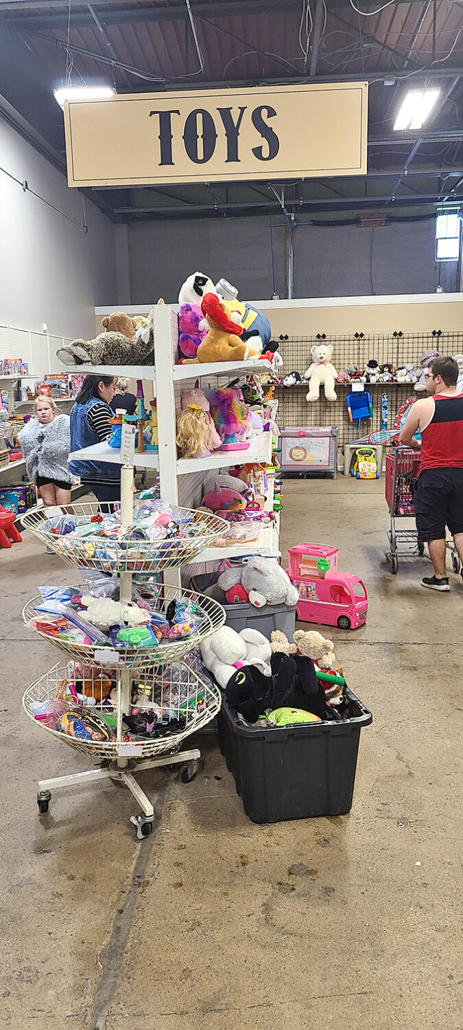 Stuffed animals stand at attention, waiting for new homes. This toy section is where childhood dreams and adult nostalgia collide in a rainbow of possibilities.