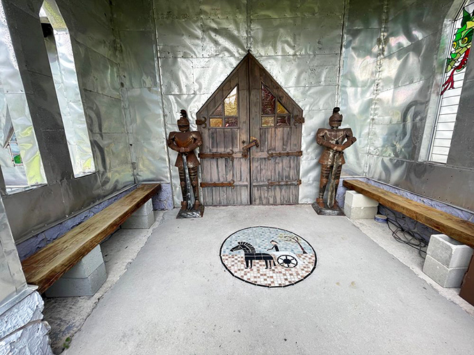 Knights stand eternal guard at this whimsical doorway. If these walls could talk, they'd probably crack jokes as dry as Howard Solomon's humor.