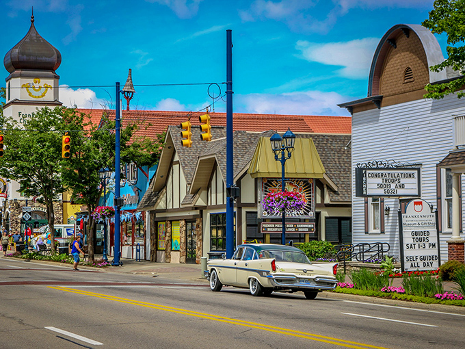 Main Street Frankenmuth looks like a movie set where German heritage meets small-town America. That vintage car isn't CGI&mdash;it's just another day in Michigan's Little Bavaria.