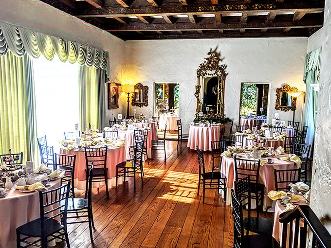Sunlight dances across polished floors as elegant tables await guests. Even Cinderella would approve of this ballroom's transformation.